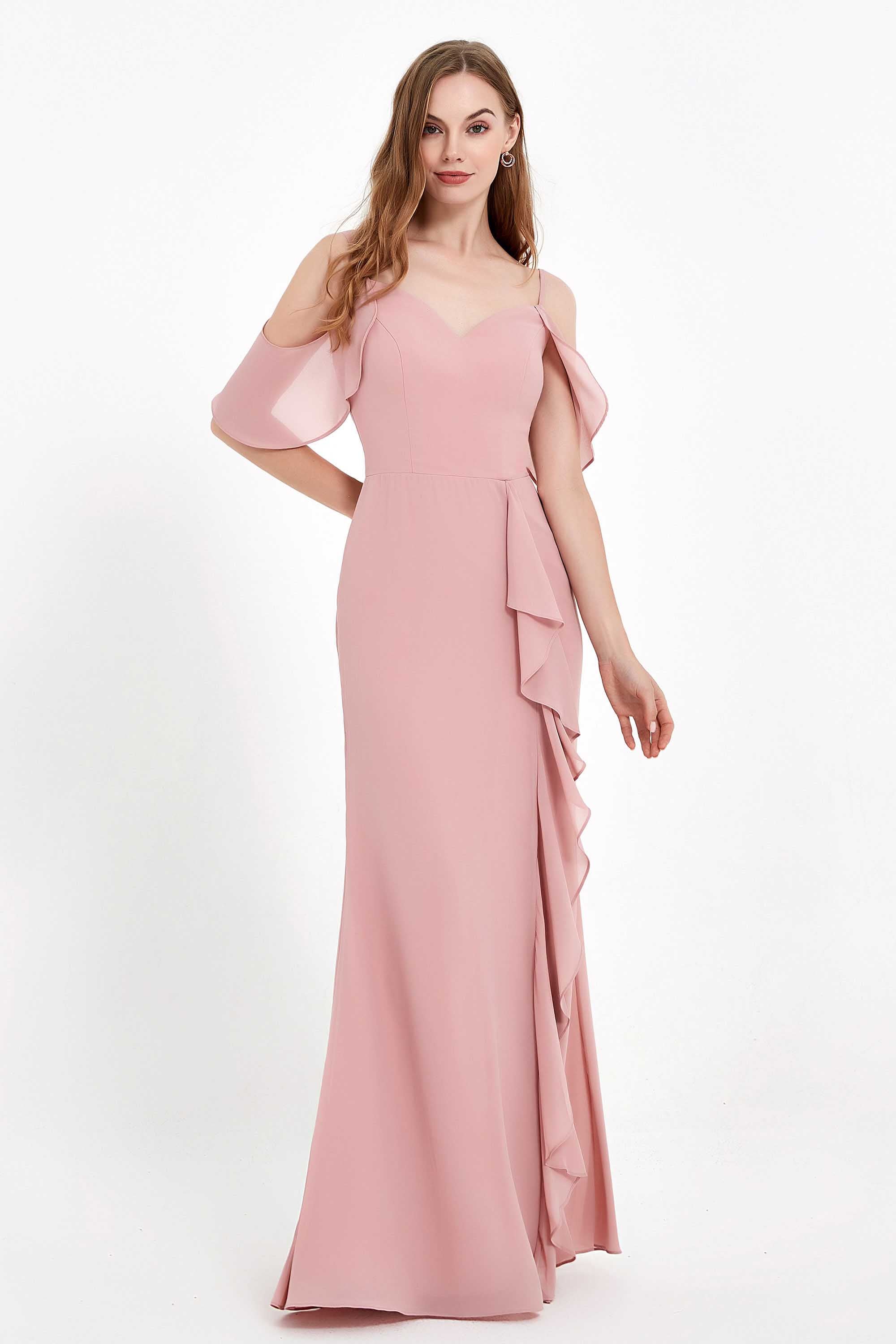 Off the Shoulder Leg Slit Long Chiffon Gown – DUNTERY