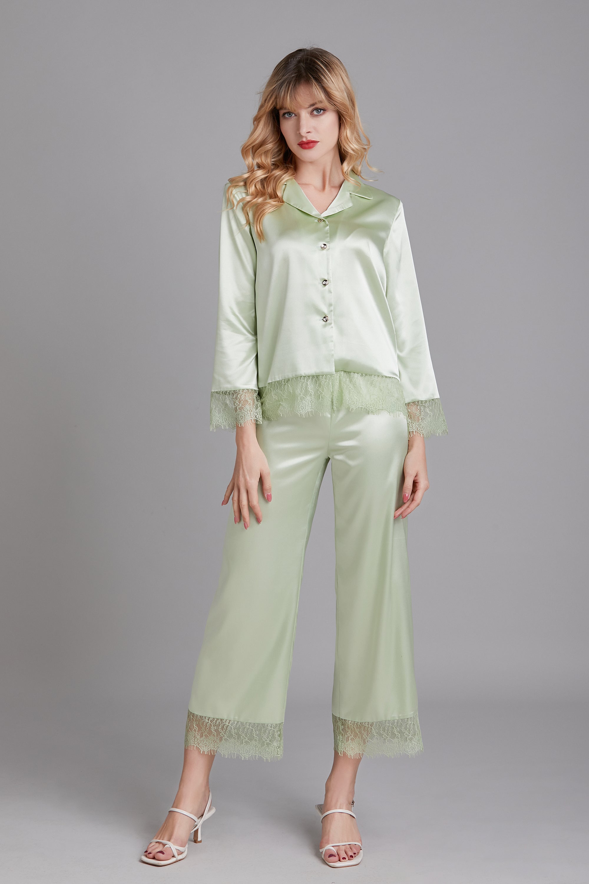 Charmeuse Lace Women Long Pajamas Sets – DUNTERY