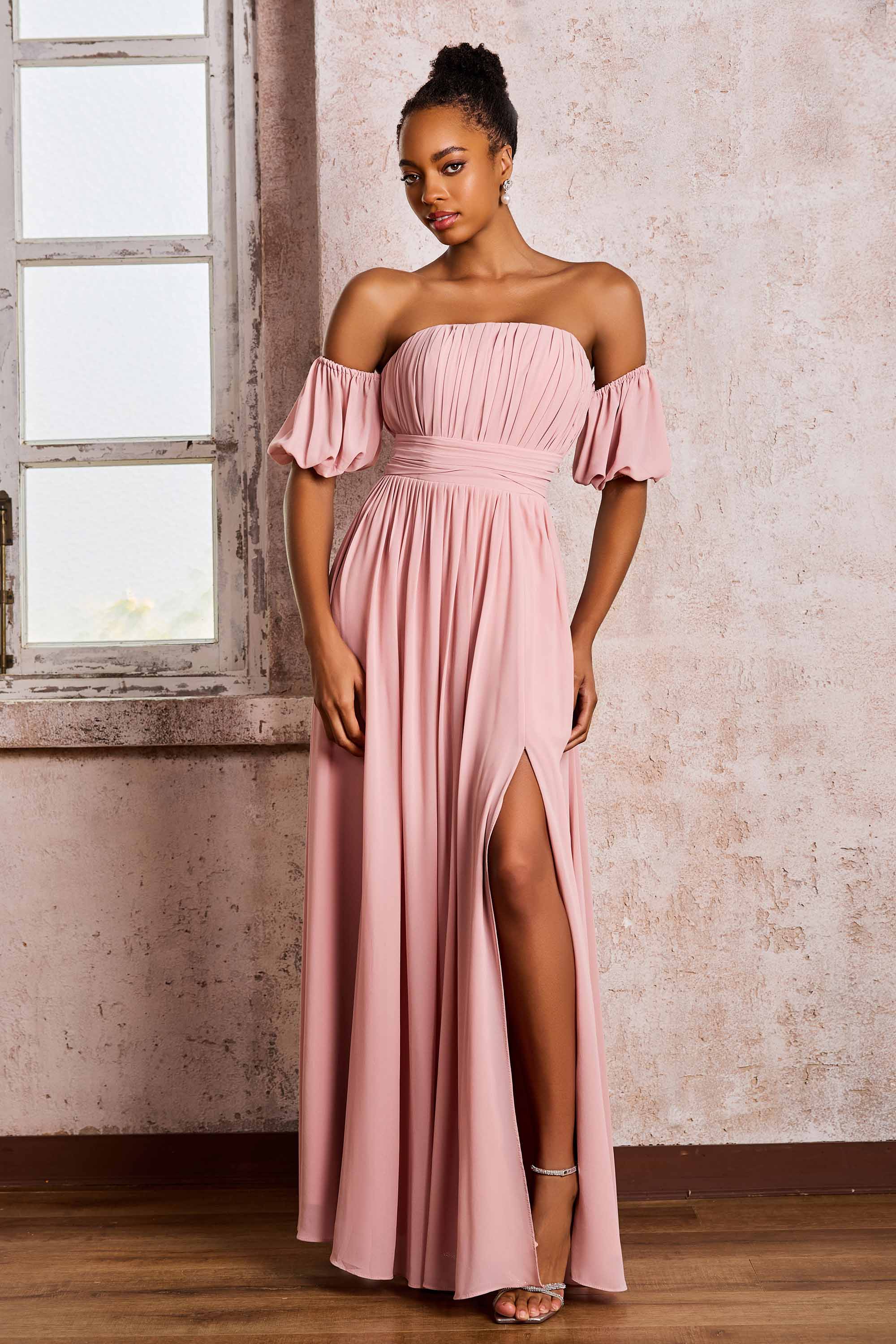 Pleated Straight Across Chiffon Long Slit Dresses – DUNTERY