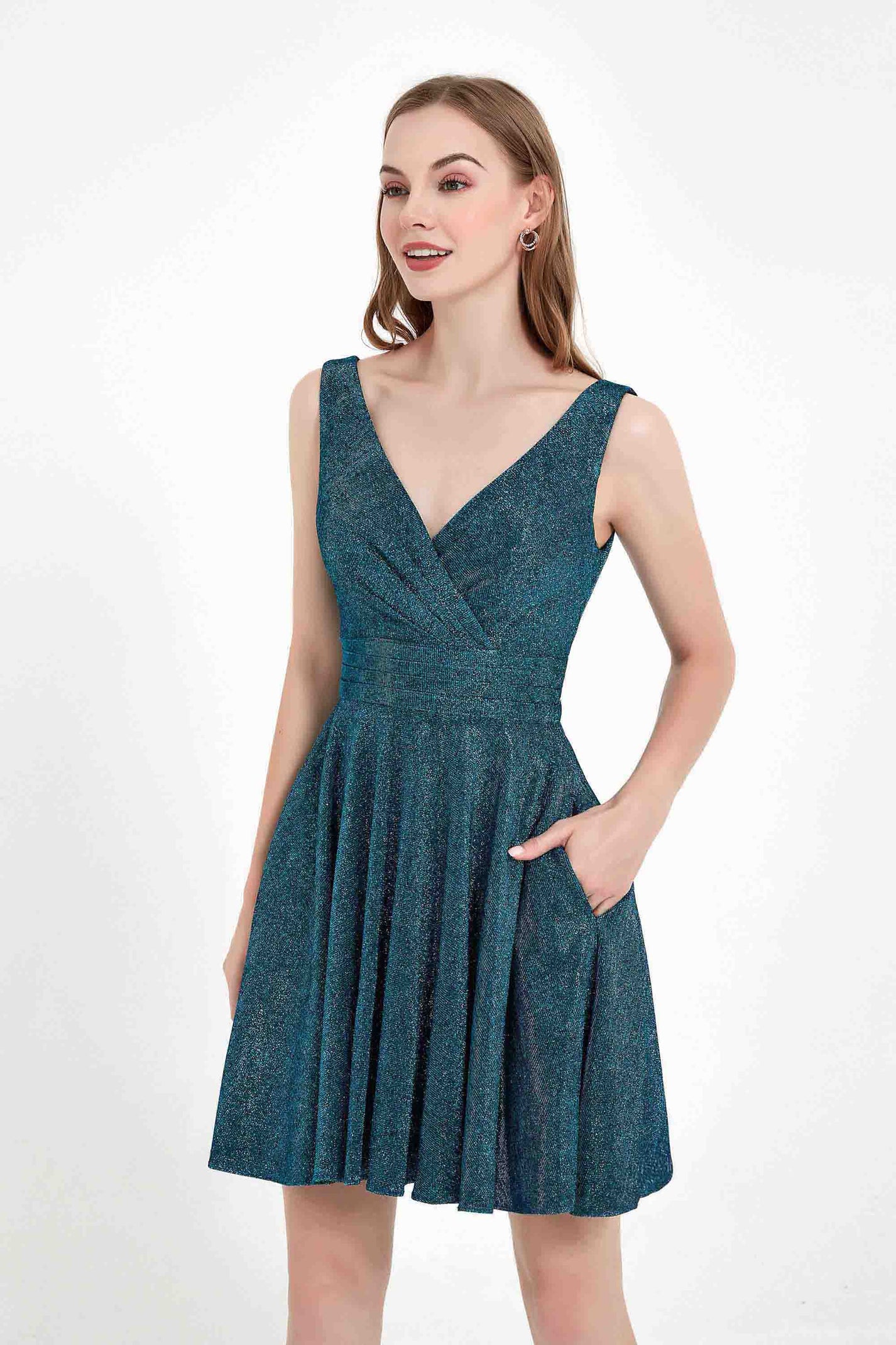 V-neck Glitter Short Dress With Pockets – DUNTERY